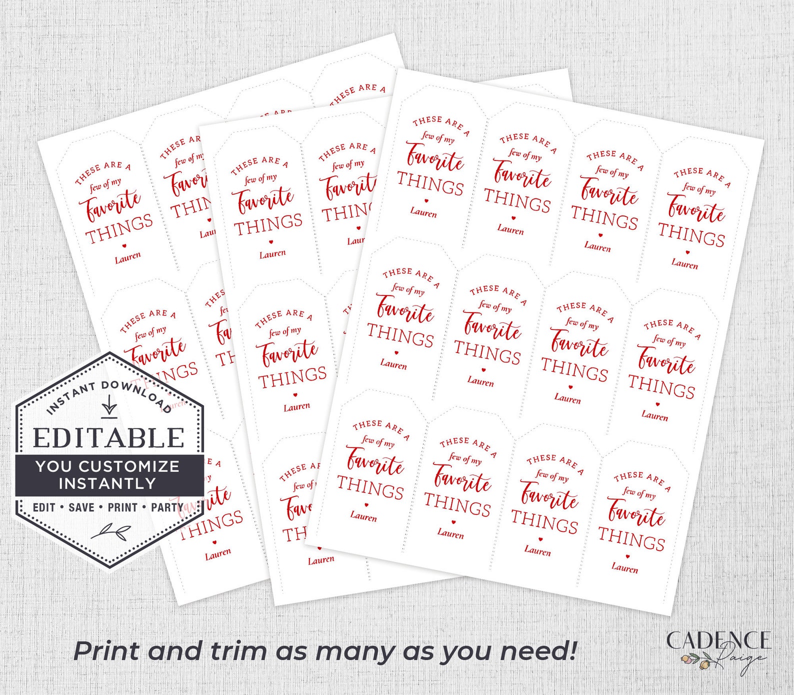 Favorite Things Gift Tag, Favorite Things Favor, Printable Holiday Gift ...