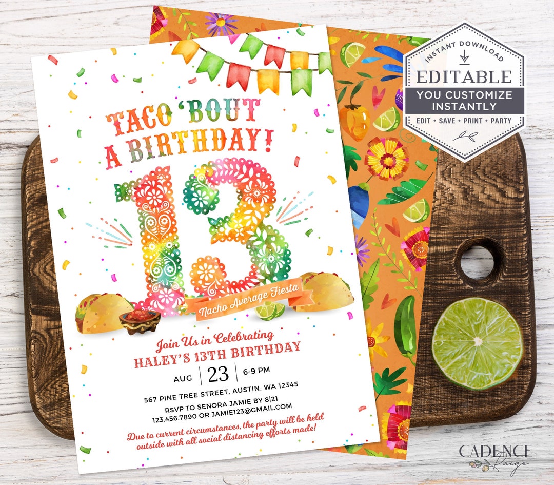 13th Birthday Invitation, 13th Birthday Fiesta Invite, Taco Birthday ...
