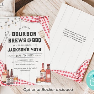 Bourbon Birthday Invitation, Bourbon Brews and BBQ, Red BBQ Birthday ...