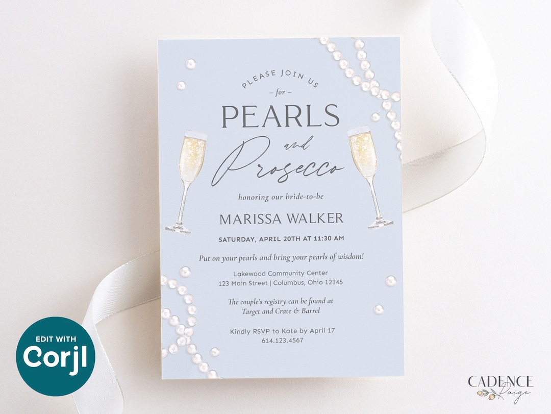 Blue Pearls and Prosecco Bridal Shower Invitation, Blue Bridal Shower ...