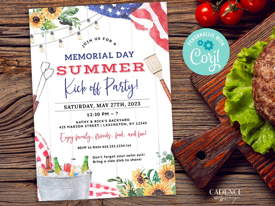 Memorial Day Party Invitation, Memorial Day Picnic Invite, Summer Kick ...