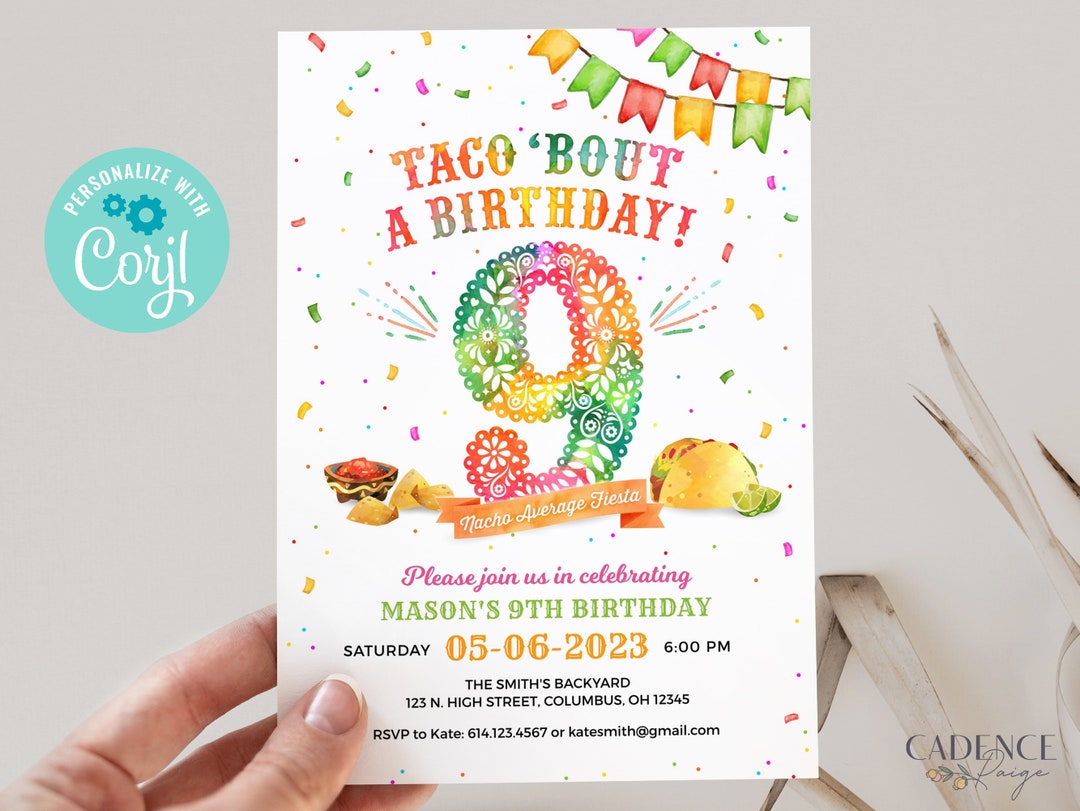 9th Birthday Invitation, 9th Fiesta Birthday Invite, Mexican Themed 9th ...