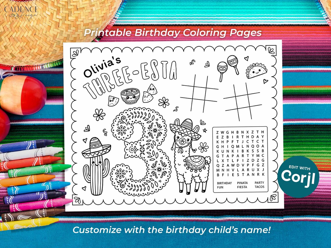 Custom Three-esta Birthday Coloring Page: Fiesta Party Activity ...