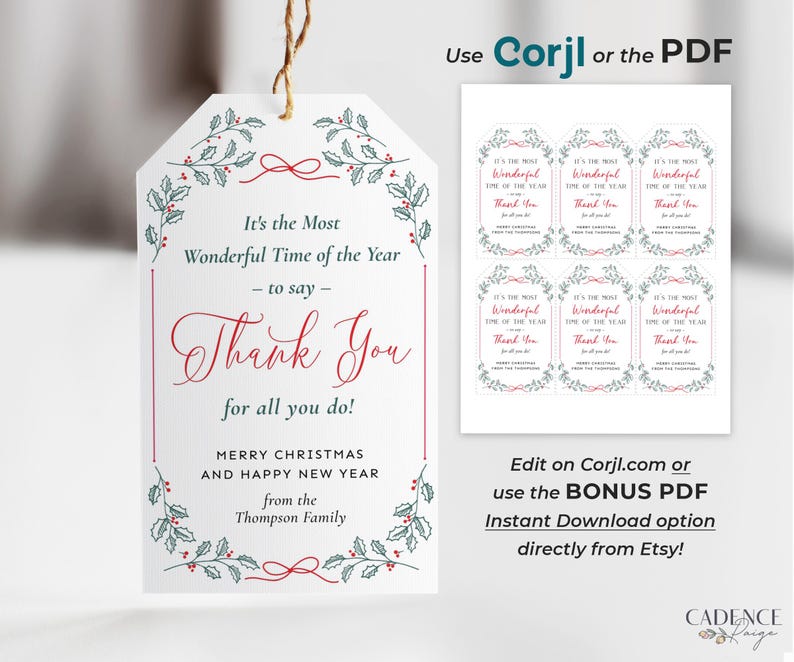 Christmas Thank You Gift Tags, Printable Teacher Gift Tags, Employee ...