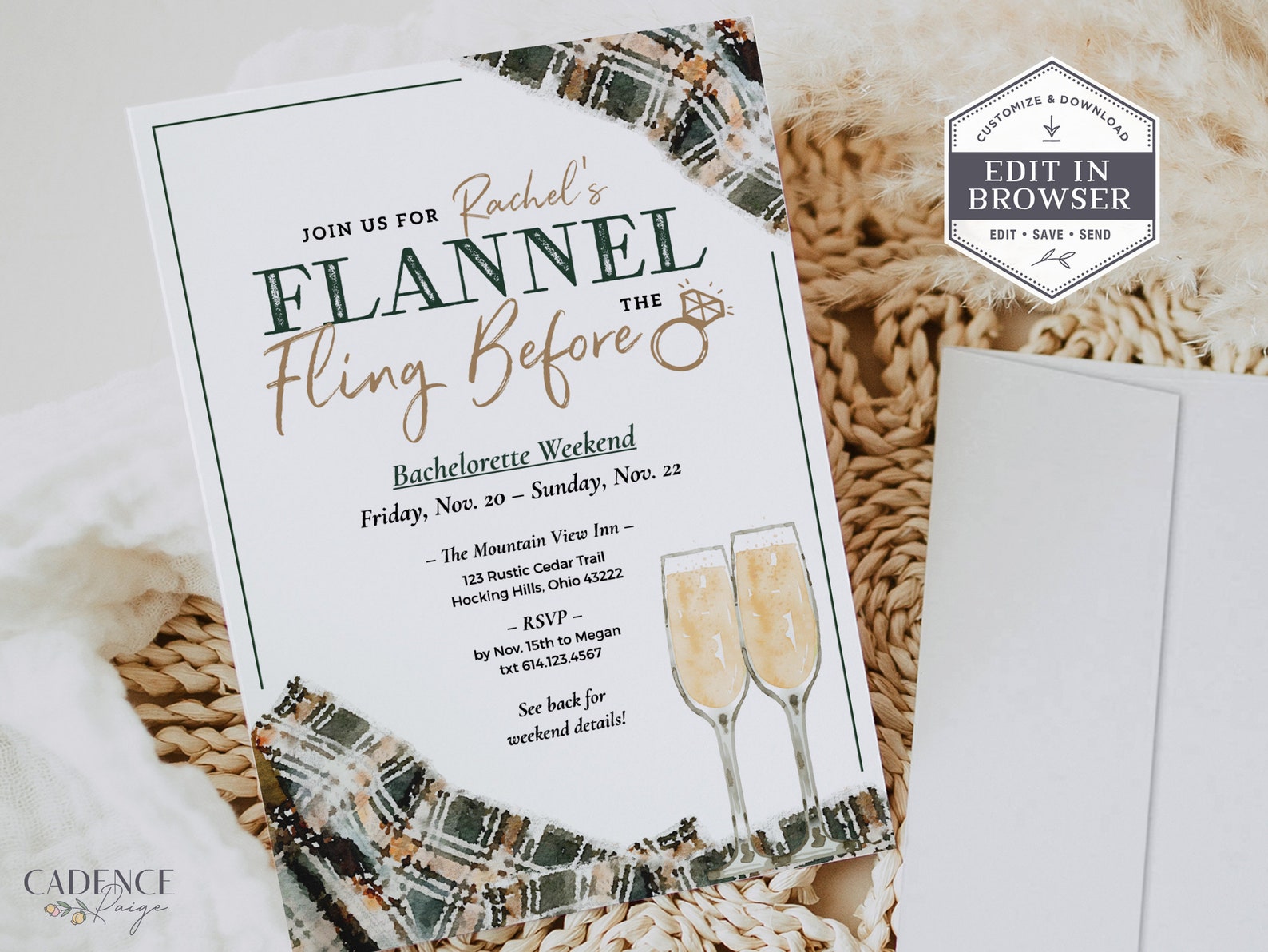 Flannel Fling Bachelorette Party Invitation, Green Plaid Bachelorette ...