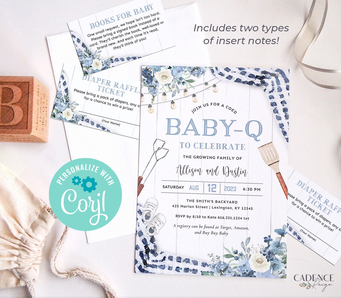 Blue Baby-q Shower Invitation, Coed Baby Shower Invite for Baby Boy ...