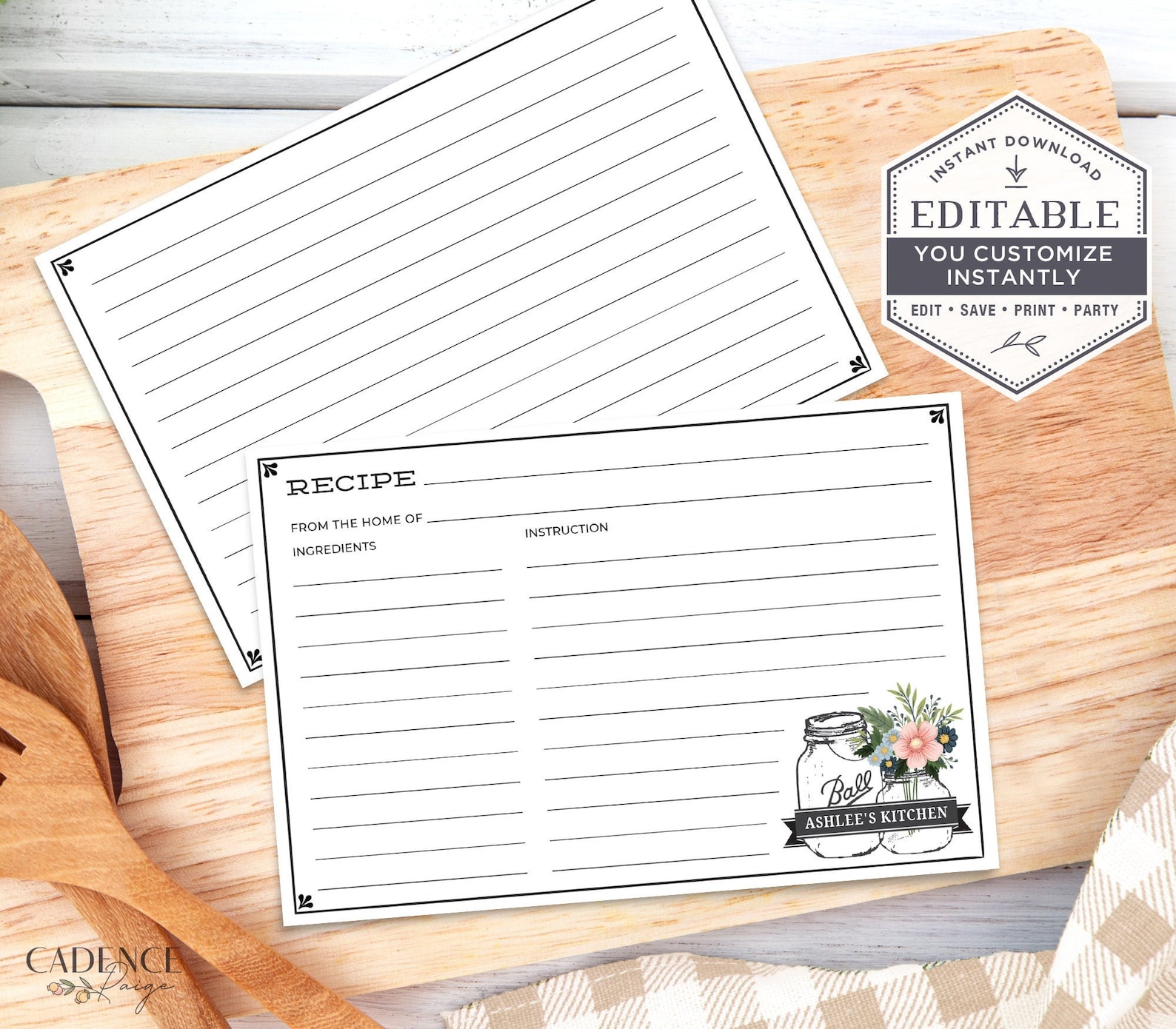 Farmhouse Recipe Card Mason Jar Recipe Card Stock the - Etsy