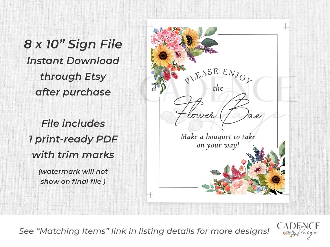 8 X 10 Flower Bar Sign PDF Summer Flowers Bridal Shower Take - Etsy