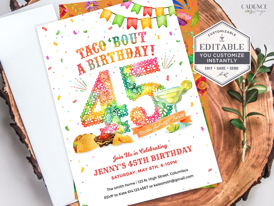 45th Birthday Invitation, 45th Birthday Party Invitation, Taco Bout ...