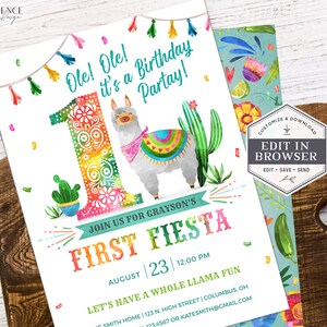 Llama First Birthday, 1st Fiesta Invite, Llama Fun Invite, 1st Birthday ...