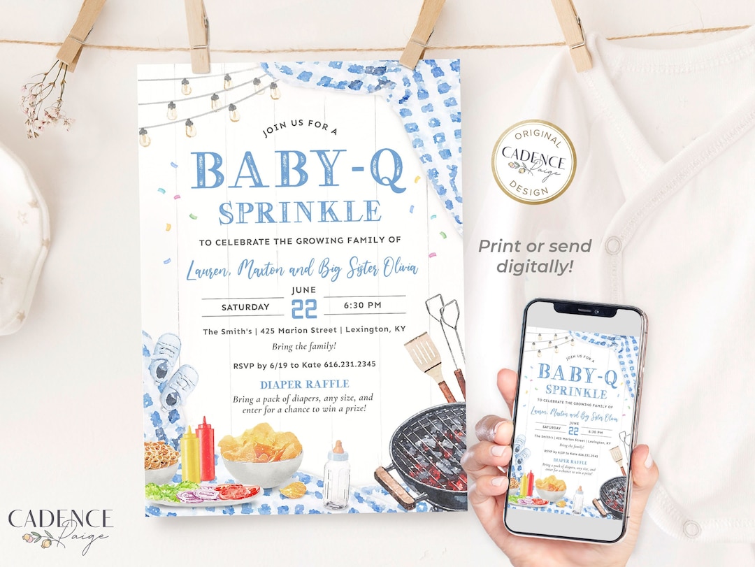 Blue Baby-q Sprinkle Invitation, Boy Baby Sprinkle Invitation, Babyq ...