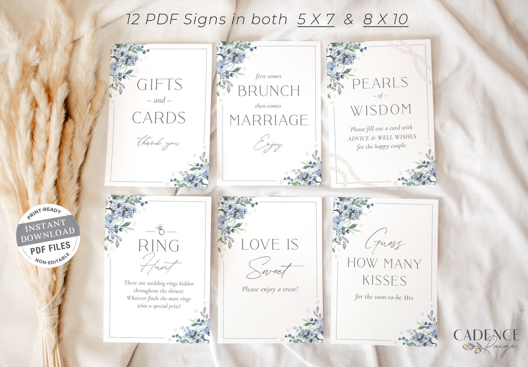 Pearls Petals Prosecco Bridal Shower Table Signs, Dusty Blue Bridal ...
