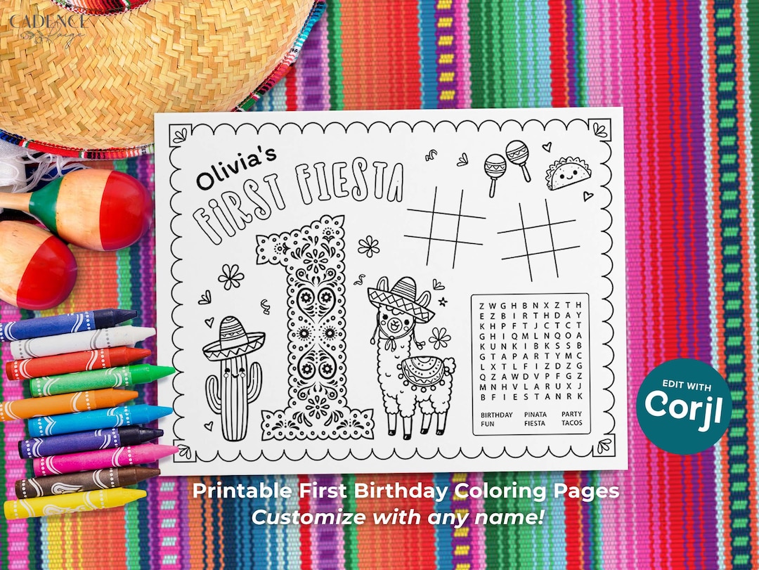 Custom First Fiesta Coloring Page: Printable Birthday Activity (digital ...