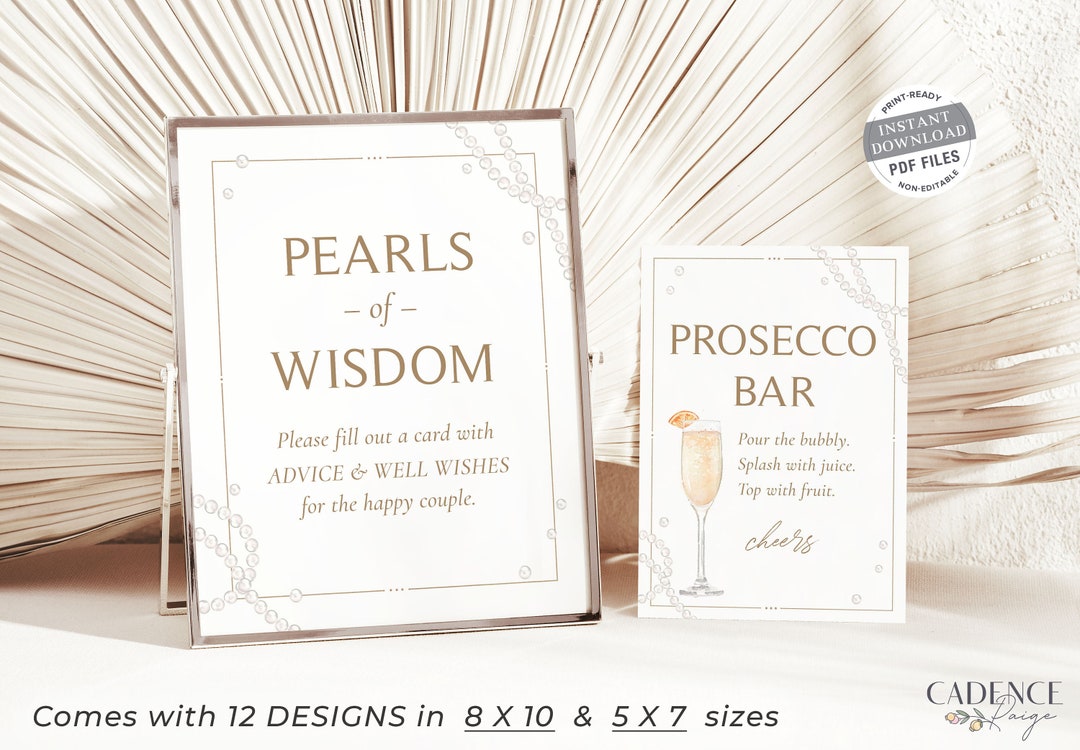 Pearls and Prosecco Bridal Shower Table Signs, Gold and White Bridal ...