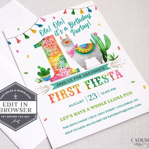 Llama First Birthday, 1st Fiesta Invite, Llama Fun Invite, 1st Birthday ...