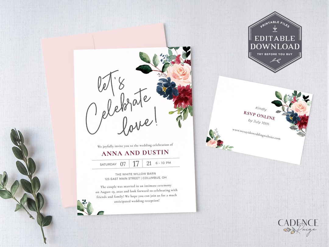 Casual Wedding Reception Invitation, Burgundy and Blush Reception ...