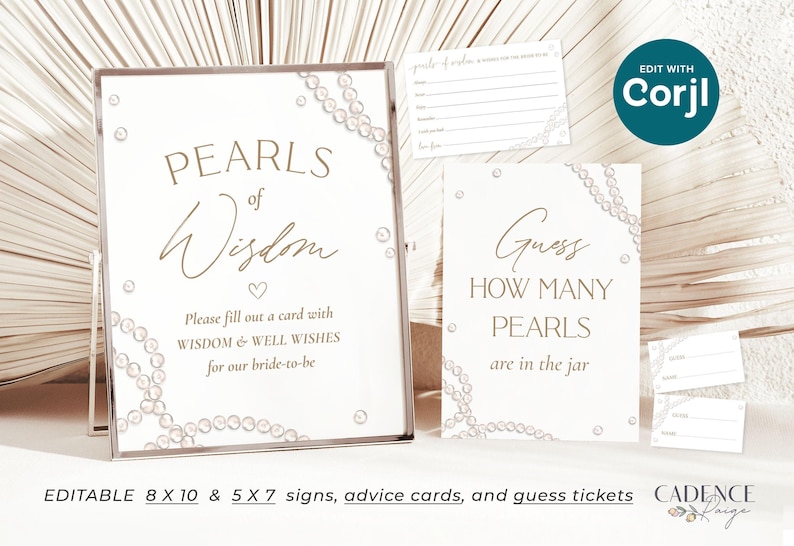 Pearls Bridal Shower Sign Set: Prosecco Bar, Advice Cards (editable) - Etsy