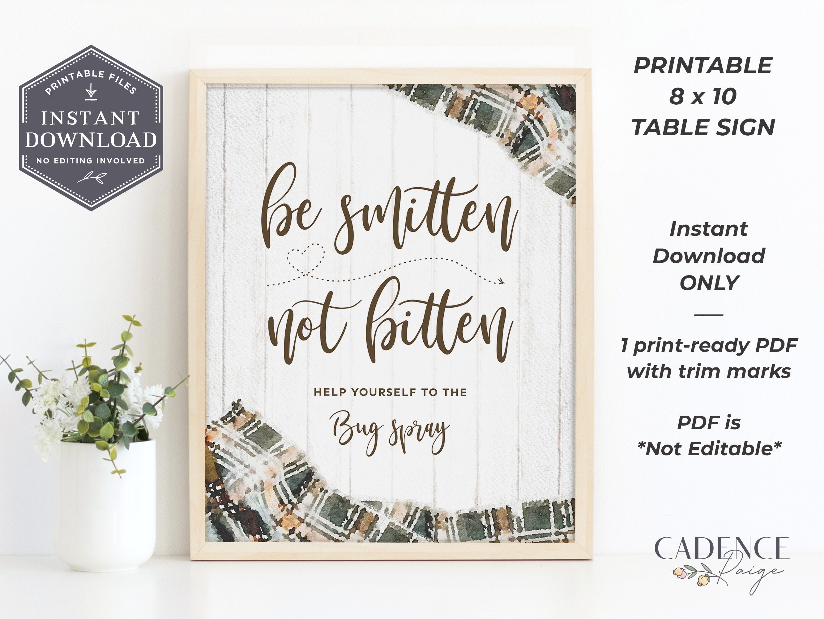 8 X 10 Bug Spray Sign, Printable Bug Spray Sign, Smitten Not Bitten ...