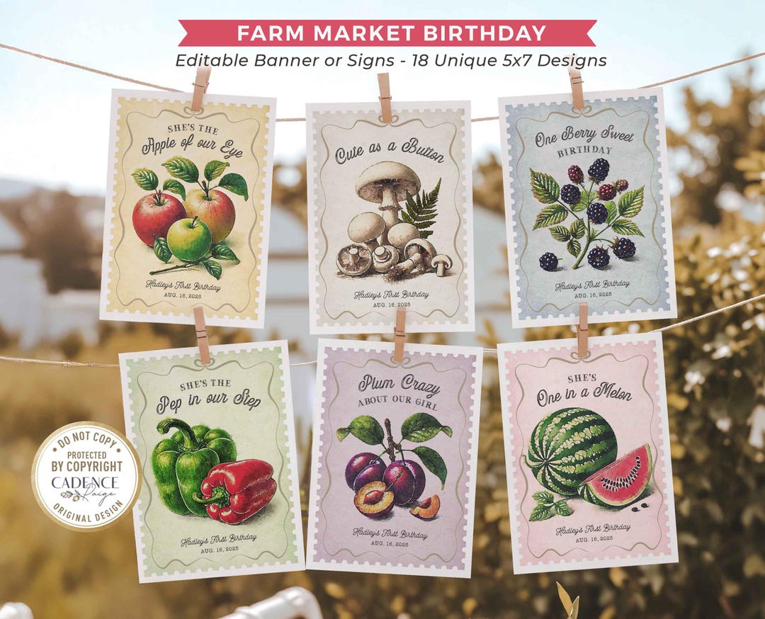 Farm Market Birthday Banner: Fruit & Veggie Bunting (printable Template ...
