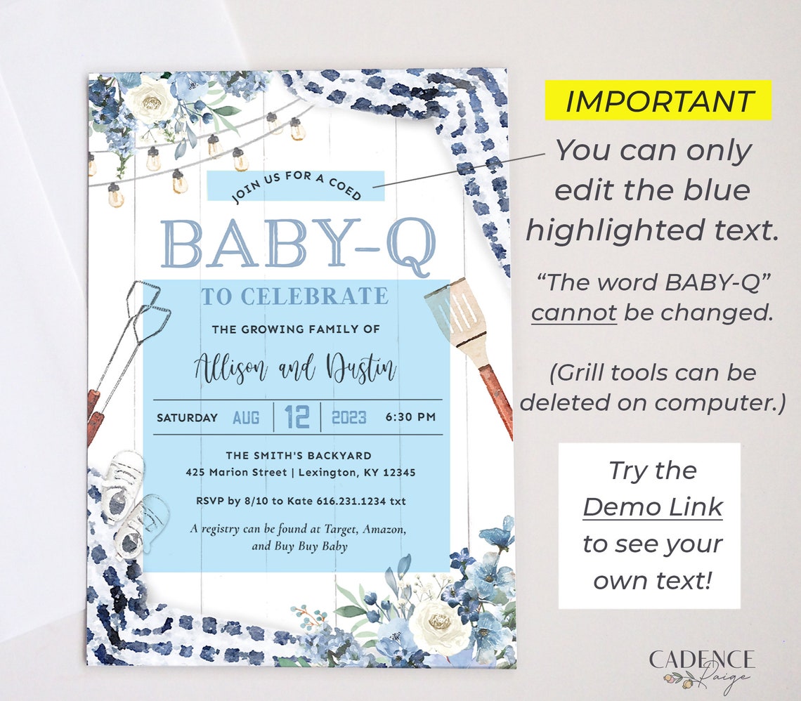 Blue Baby-q Shower Invitation, Coed Baby Shower Invite for Baby Boy ...