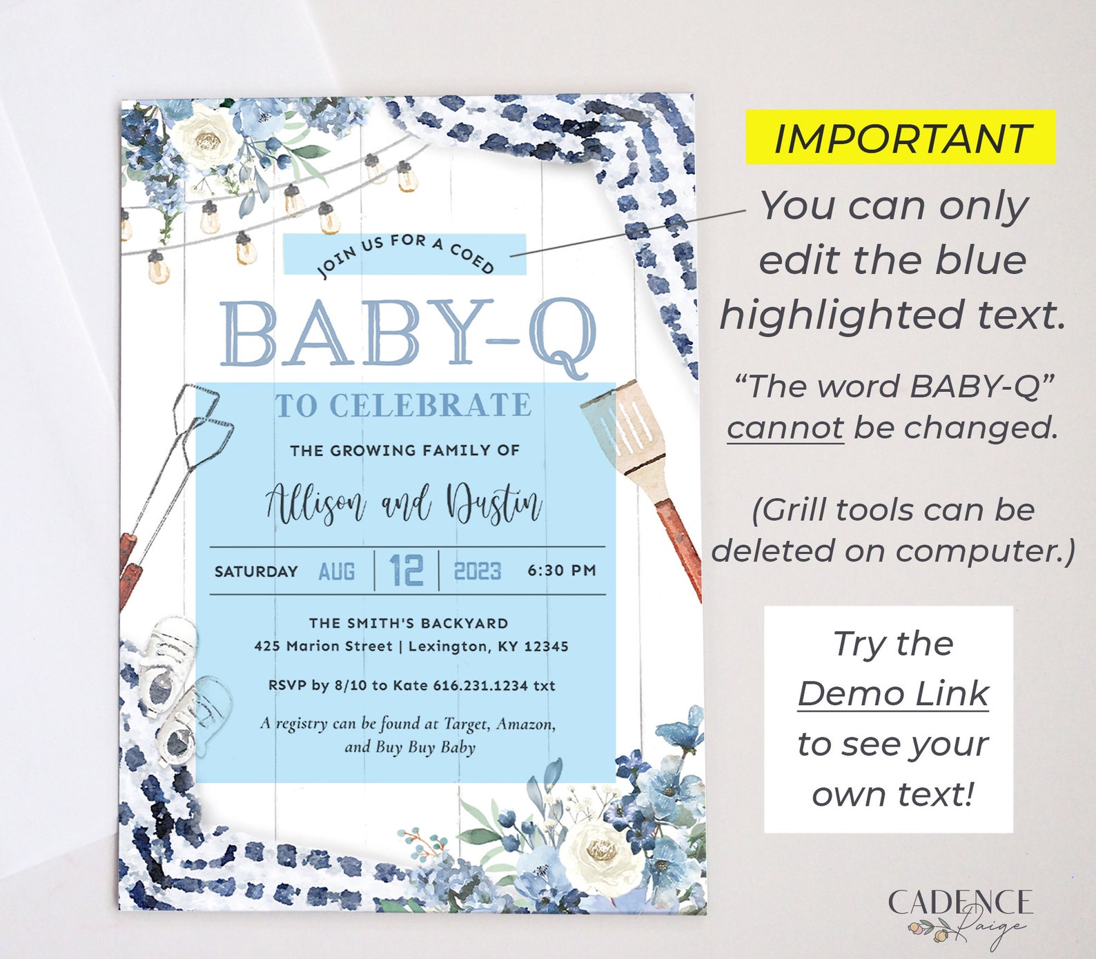 Blue Baby-q Shower Invitation, Coed Baby Shower Invite for Baby Boy ...