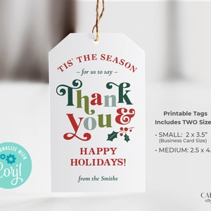 Printable Thank You Gift Tags, Thank You Holiday Tags, for Friends, for ...