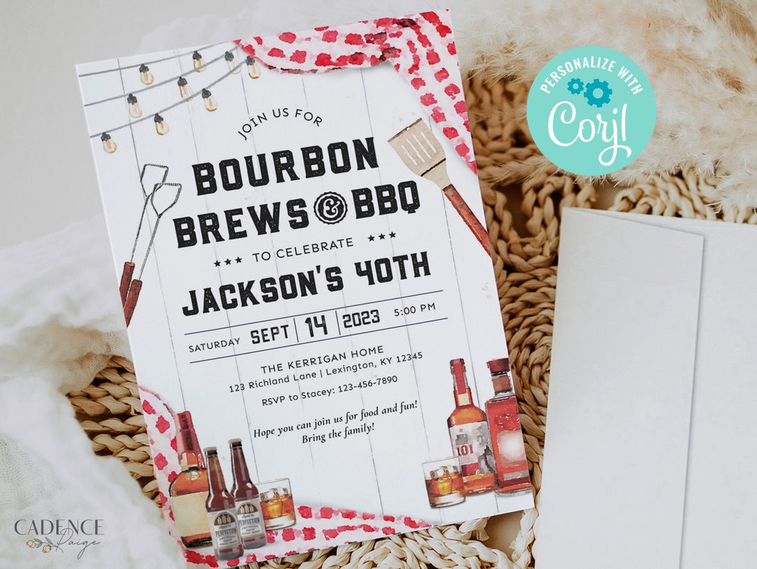 Bourbon Birthday Invitation, Bourbon Brews and BBQ, Red BBQ Birthday ...