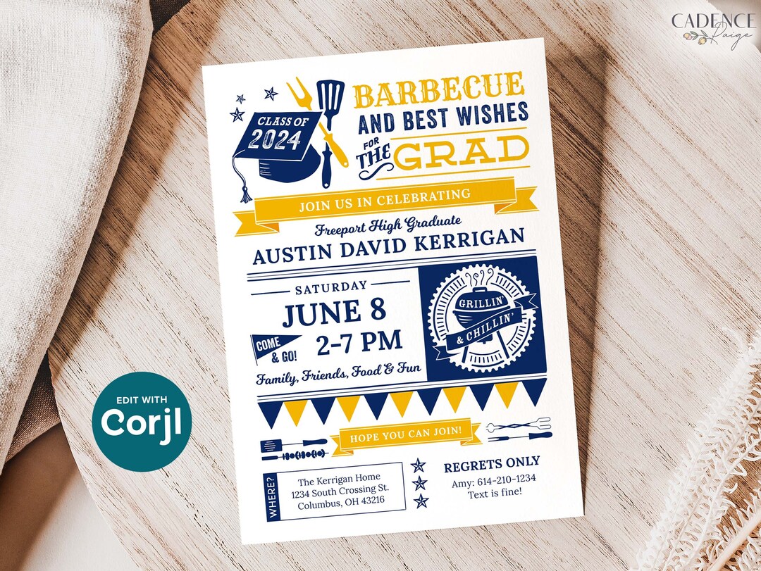 BBQ Graduation Party Invite, BBQ Grad Party Invitation, Navy and Gold ...