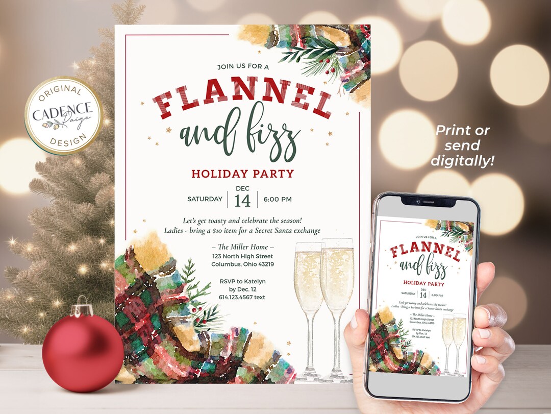 Flannel and Fizz Party Invitation, Christmas Party Invite, Christmas ...