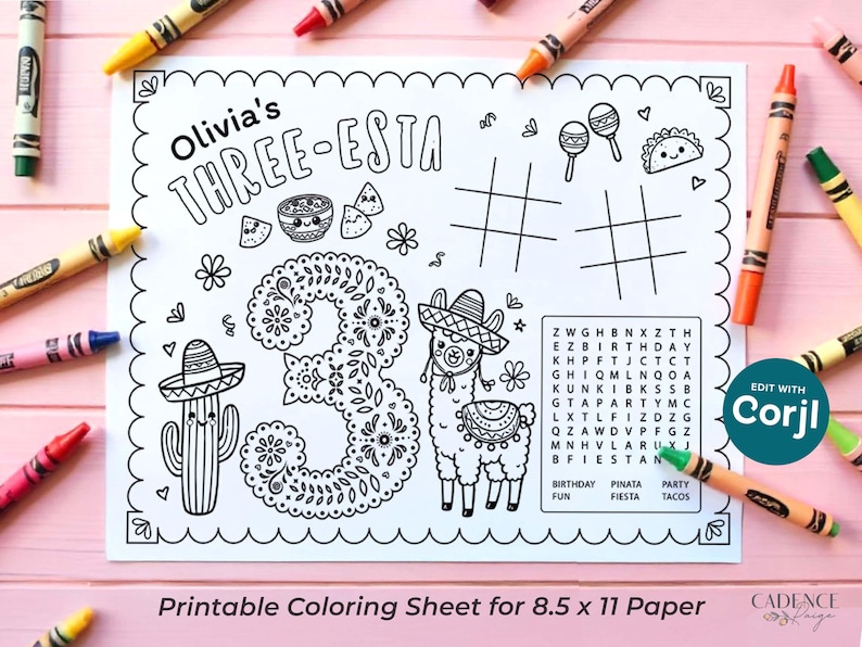 Custom Three-esta Birthday Coloring Page: Fiesta Party Activity ...
