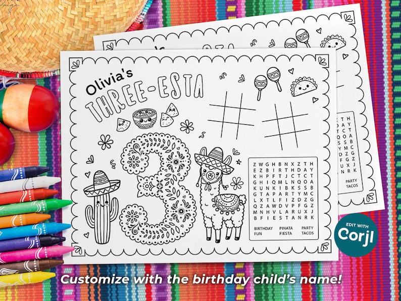 Custom Three-esta Birthday Coloring Page: Fiesta Party Activity ...