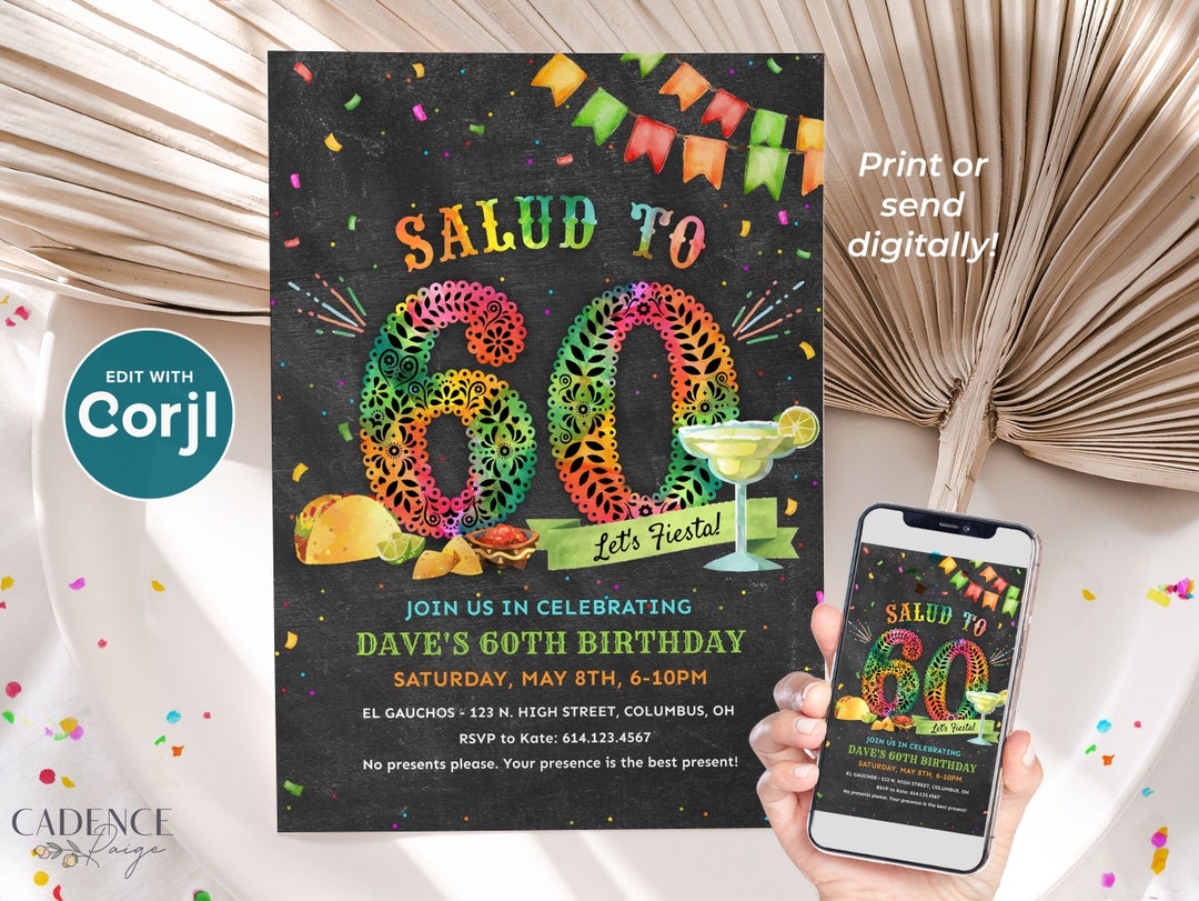 60th Birthday Party Invitation, 60th Fiesta Invite Mexican Theme Salud ...