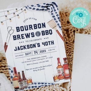 Bourbon Birthday Invitation, Bourbon Brews and BBQ, Navy BBQ Birthday ...