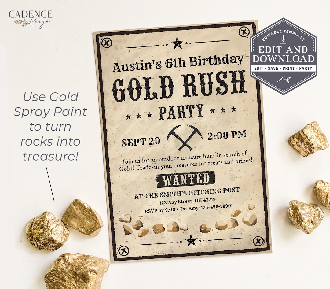 Golden Birthday Invitation, Gold Rush Birthday Invite, Unique Kids ...