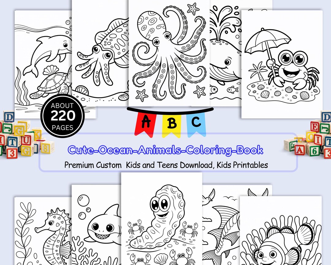 Cute Ocean Animals Coloring Book, Kids Educational Activity (printable ...