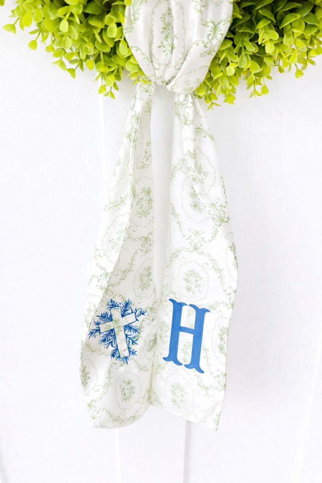Monogrammed Wreath Sash | Embroidered Greenery Bow | Spring Decor ...