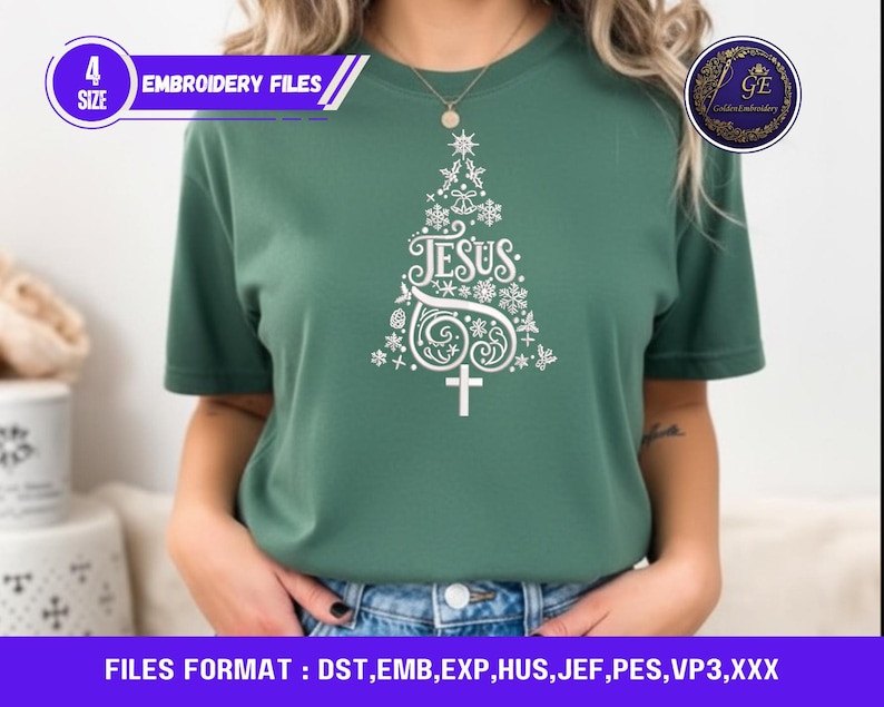 Jesus Christmas Tree Embroidery Design With Cross and Snowflakes ...