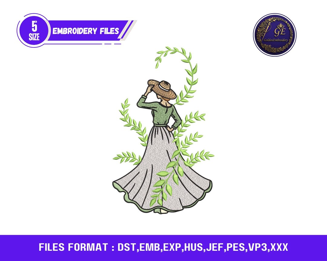 Elegant Lady in Leaves Embroidery Design, Lady in Flowers Embroidery ...