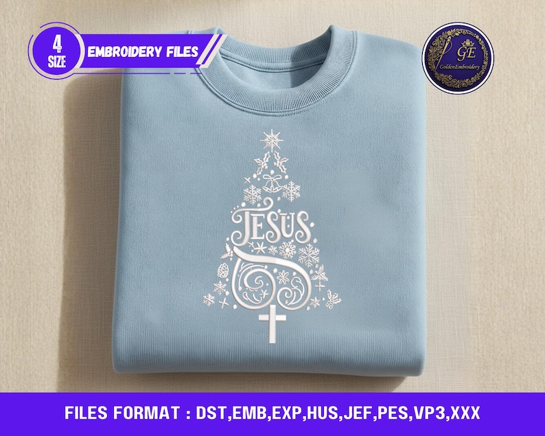 Jesus Christmas Tree Embroidery Design With Cross and Snowflakes ...