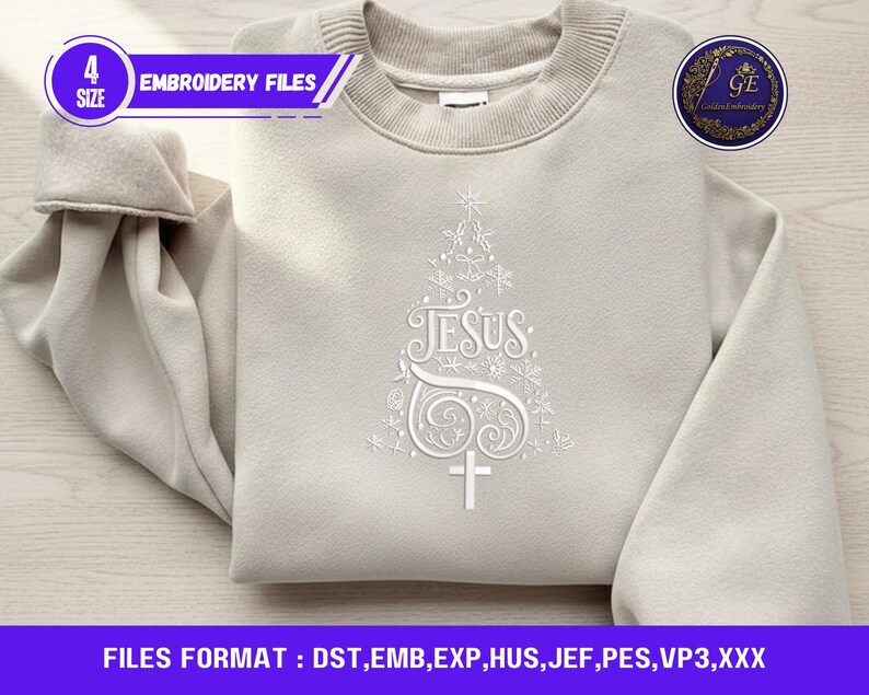 Jesus Christmas Tree Embroidery Design With Cross and Snowflakes ...