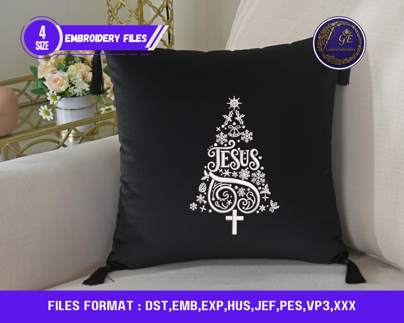 Jesus Christmas Tree Embroidery Design With Cross and Snowflakes ...