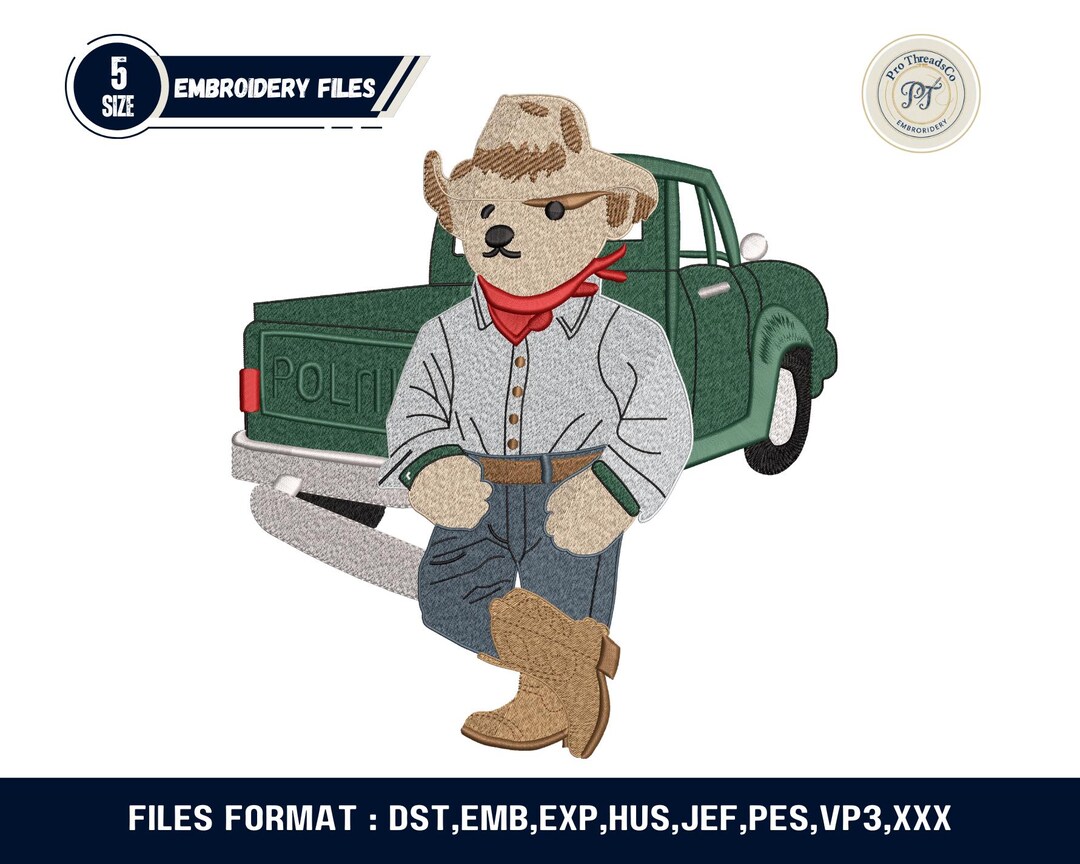Polo Bear Embroidery Design, Stylish Bear With Truck, Machine ...