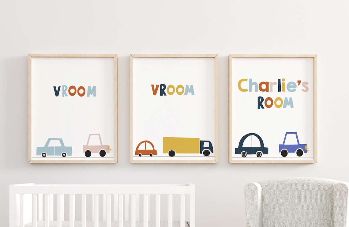 Car Nursery Prints Set of 3, Car Nursery Decor, Transportation Wall Art ...