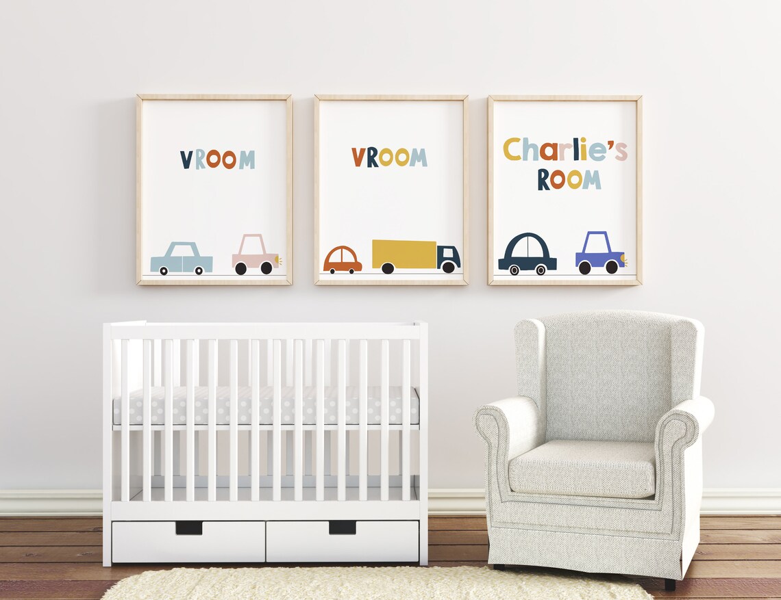 Car Nursery Prints Set of 3, Car Nursery Decor, Transportation Wall Art ...