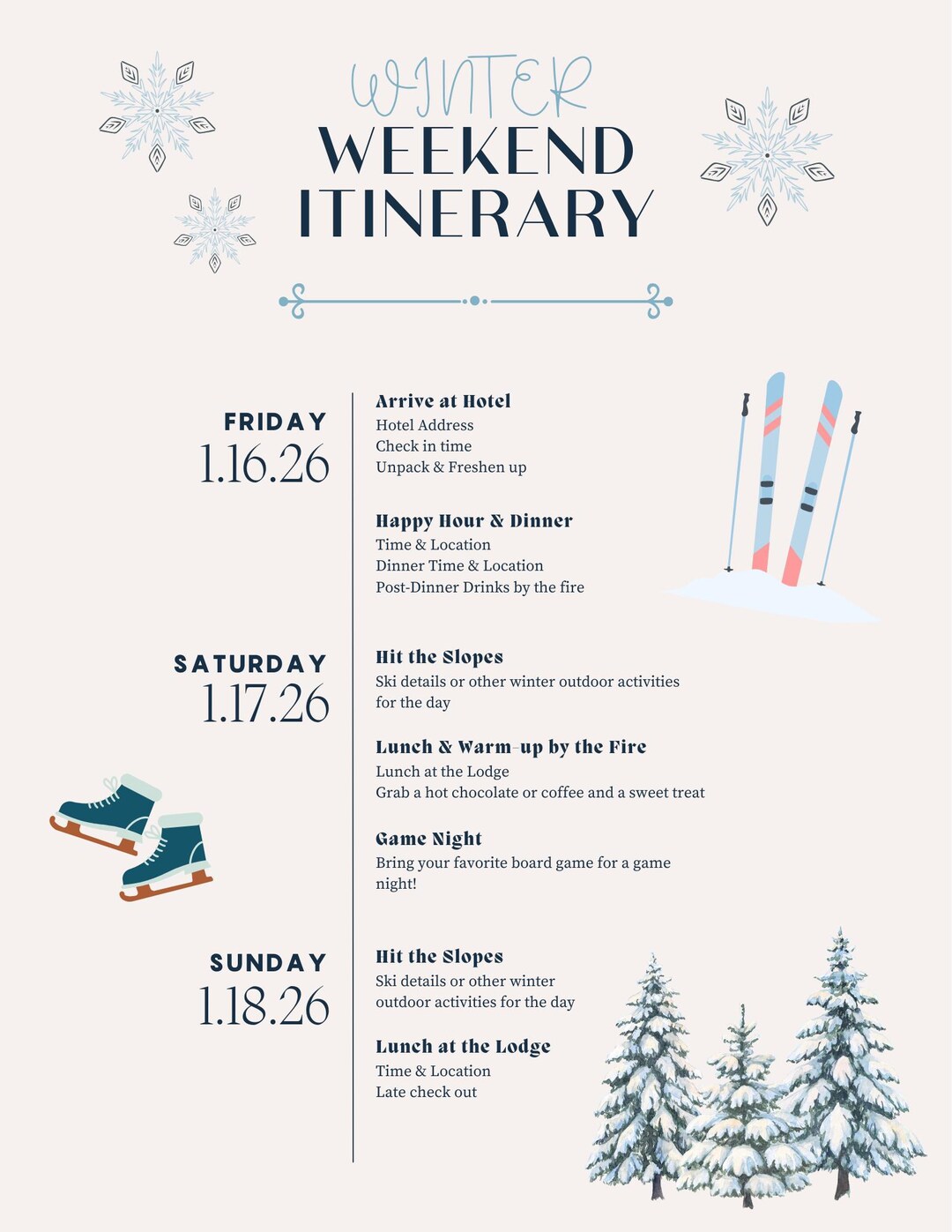 Winter Weekend Itinerary Template | Holiday Travel Planner (canva + PDF ...
