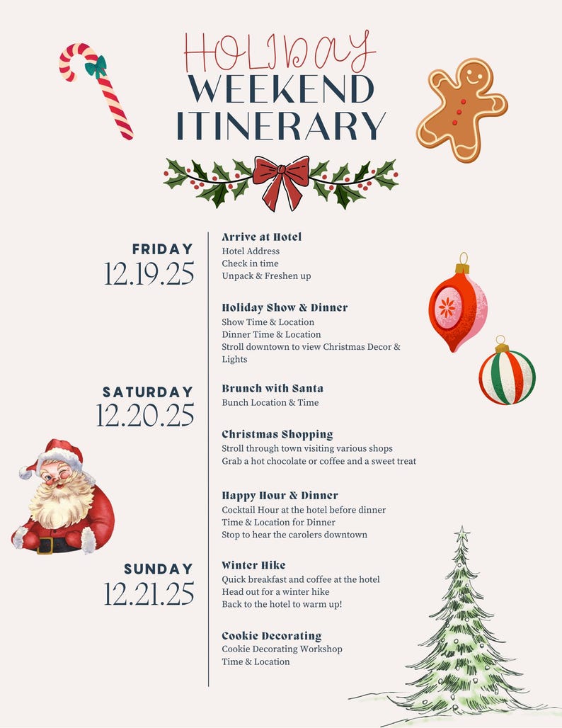 Christmas Weekend Itinerary Template | Holiday Travel Planner (canva ...