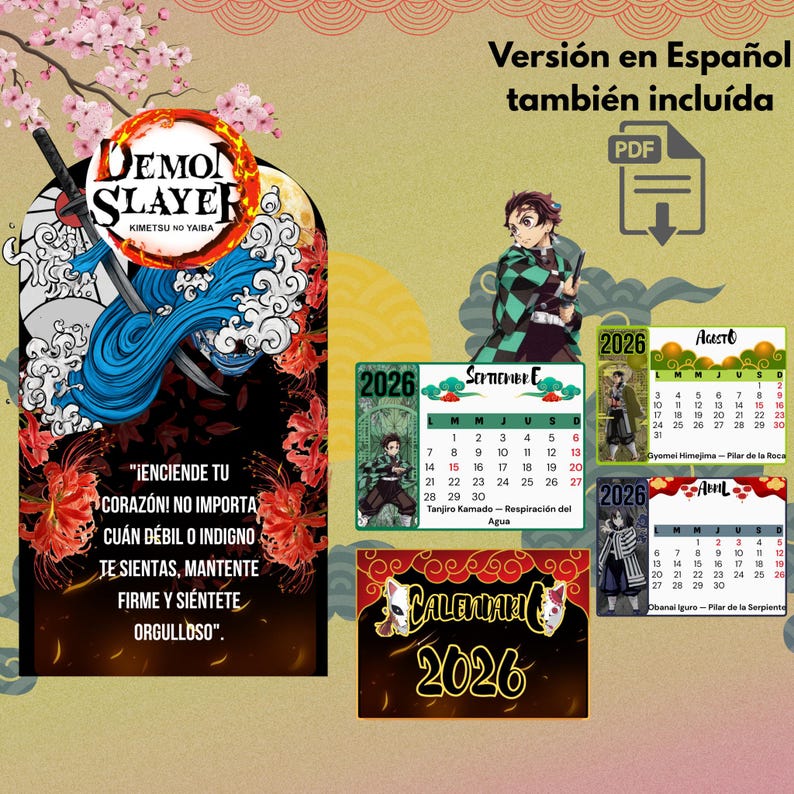 Demon Slayer Desk Calendar 2026 – Printable Kimetsu No Yaiba Anime ...