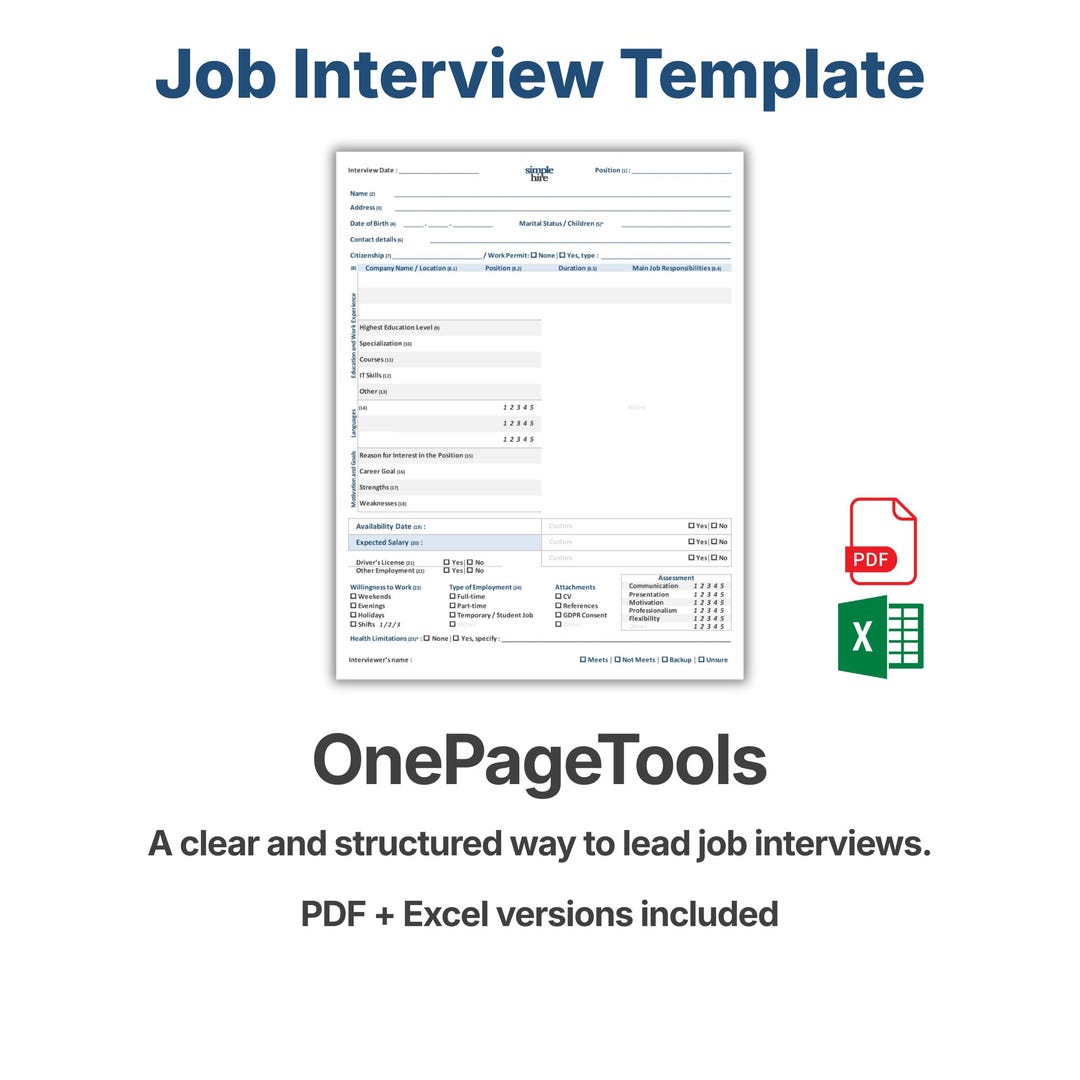 Job Interview Template EN Letter | Simple Hire One-page Recruiting Form ...