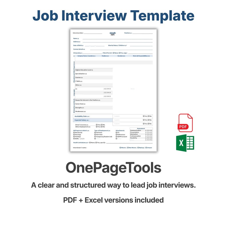 Job Interview Template EN A4 | Simple Hire One-page Recruiting Form ...