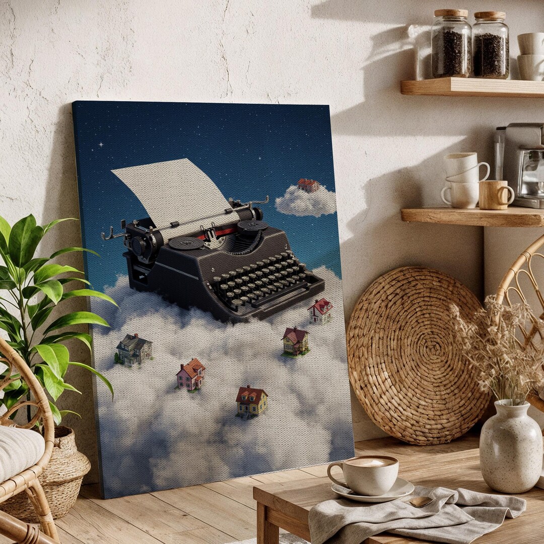 Whimsical Typewriter Canvas, Surreal Floating Houses Wall Art, Dreamy ...